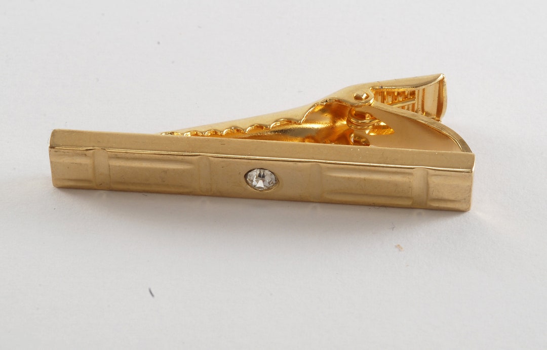 Vintage Tie Clip Shiny Gold Plated Brass W Rhinestone Tieclip 1970's - Etsy