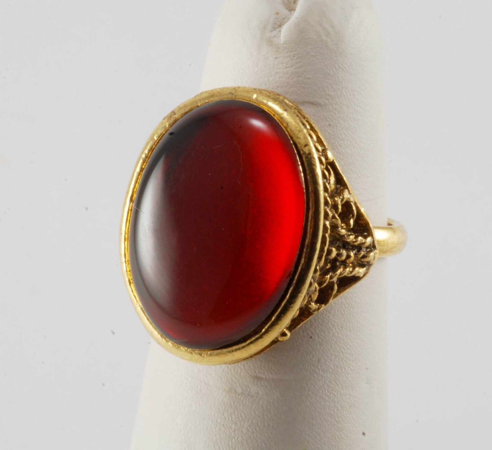 Vintage Ladies Gold Plated Red Glass Brass Filigree Ring Adjustable New ...