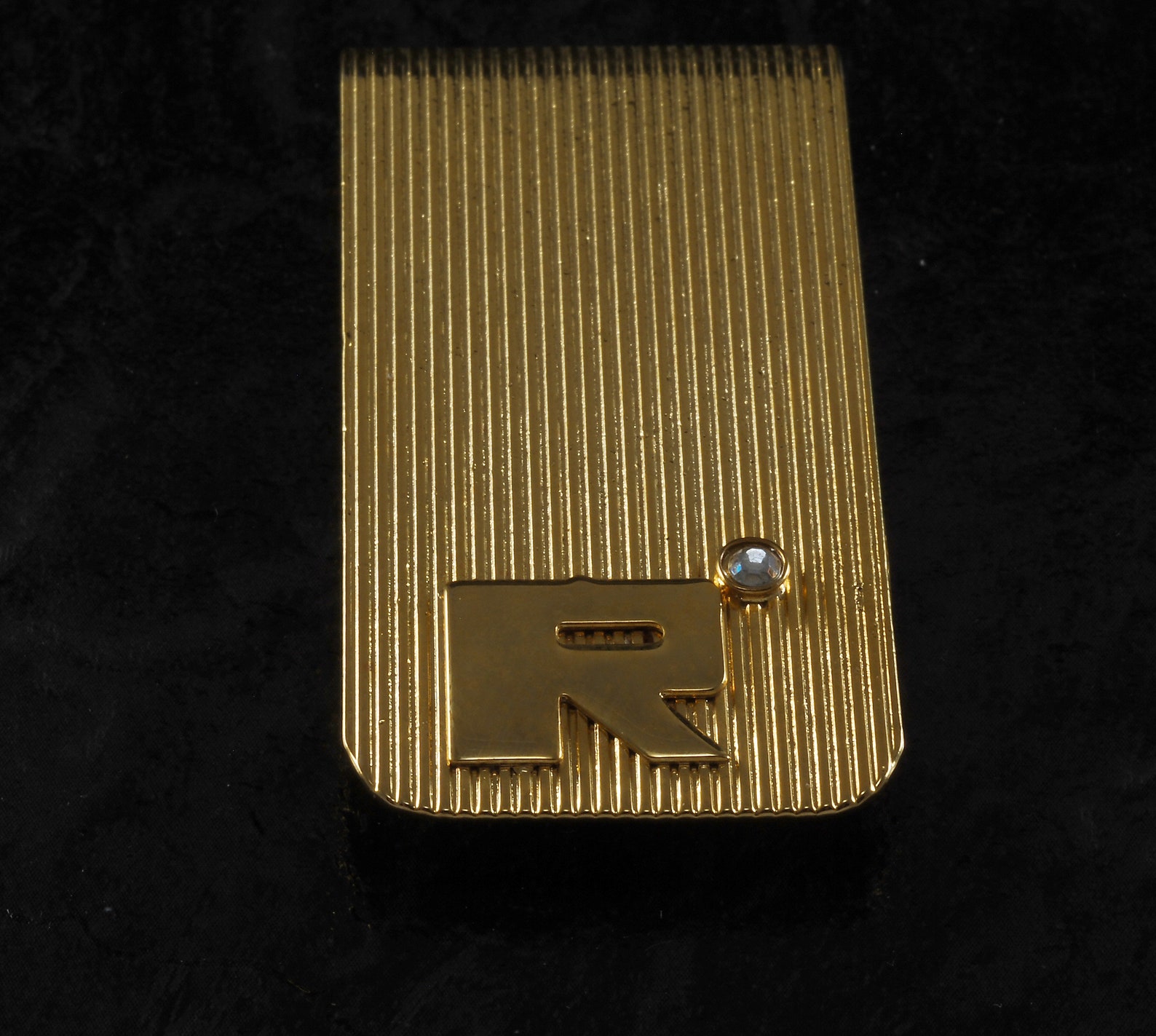 Vintage Money Clip Letter R Gold Plated Brass W Diamond Chip Ribbed NOS ...