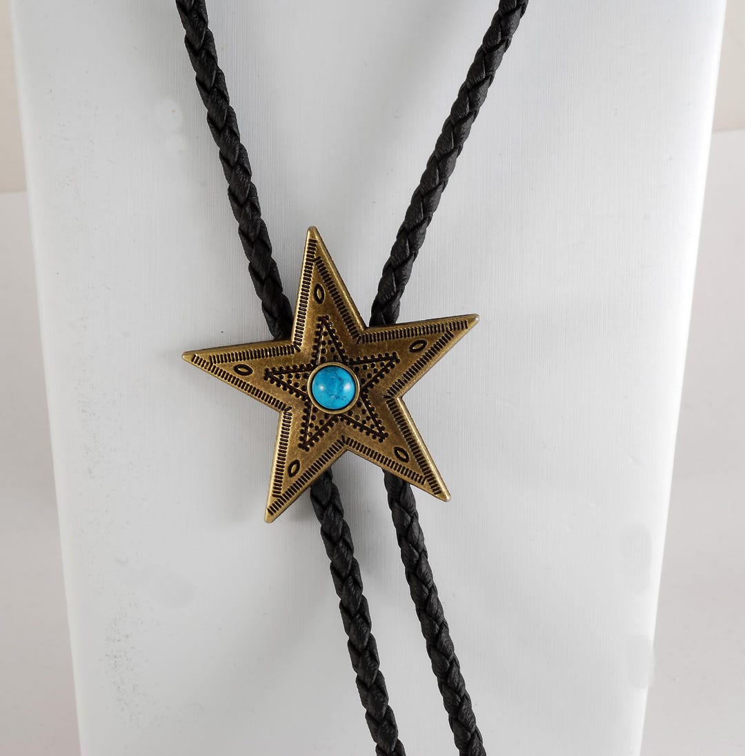 Vintage Western Star Bolo Tie Bronze Tone With Faux Turquoise Retro ...