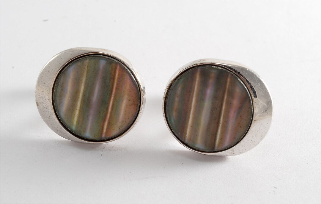 Vintage Swank Cuff Links Silver Plated Brass W Ridged Abalone Cufflinks ...