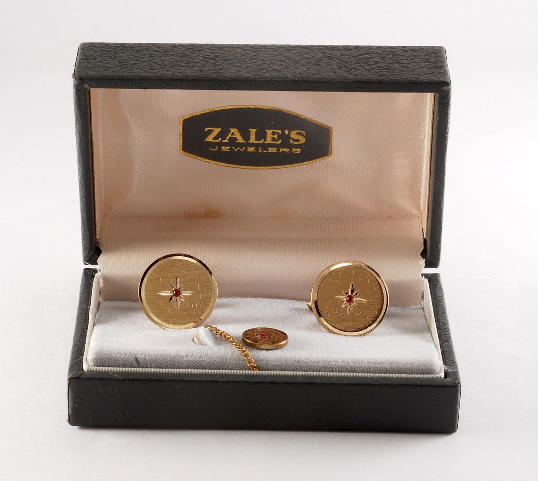 Vintage ZALES Cuff Links Tie Tack Set Gold Plated Brass W Red Gem in ...