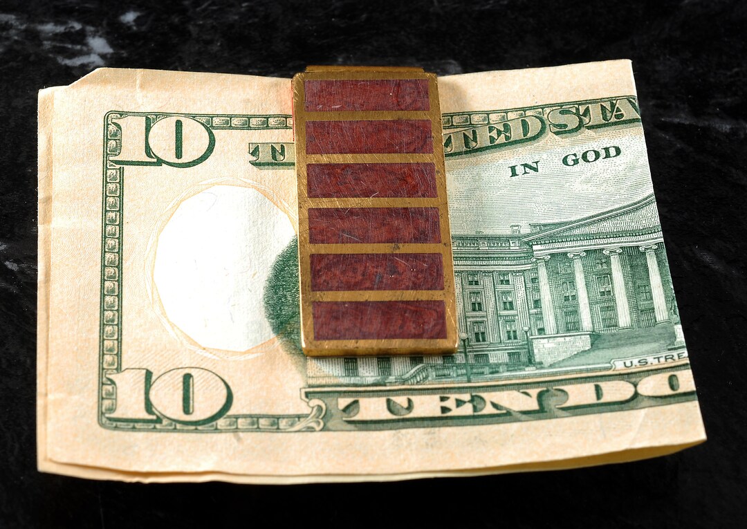 Vintage Money Clip Gold Plated Brass W Brown Inlay Men's Jewelry New ...
