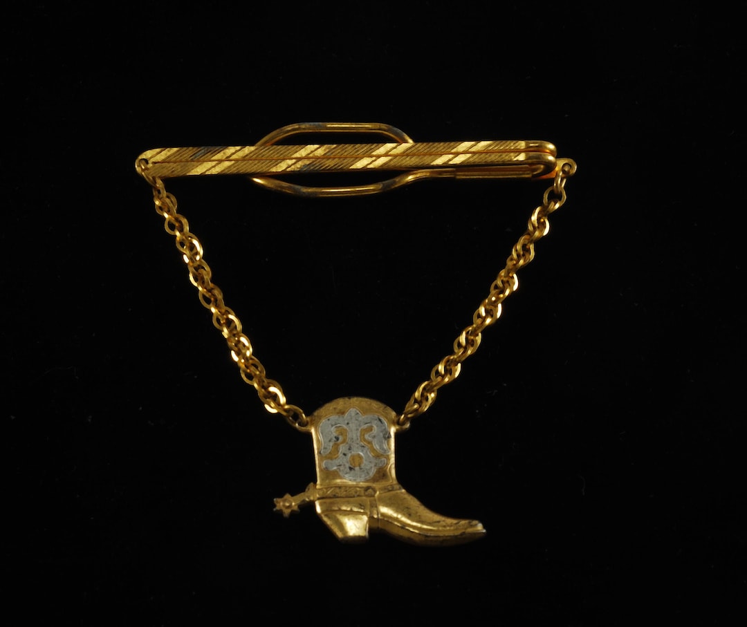 Vintage Tie Clip W Chain & Cowboy Boot Gold Plated Brass Tieclip Made ...