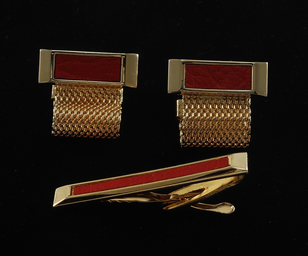 Vintage Swank Cuff Links & Tie Clip Set Red Leather on Gold Plated ...