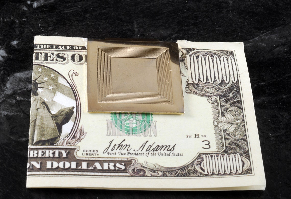 Vintage Money Clip Square Shape Gold Plated Brass W Etching Men's ...