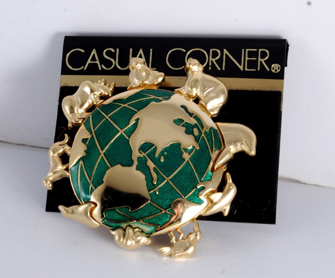 TONA Large Pin/brooch, World Globe W/circle of Animals Green Enamel ...