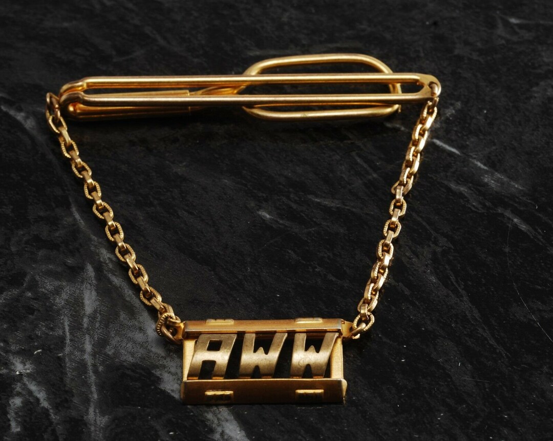Vintage Swank Tie Clip Initials "aww" on Chain Gold Plated Brass ...