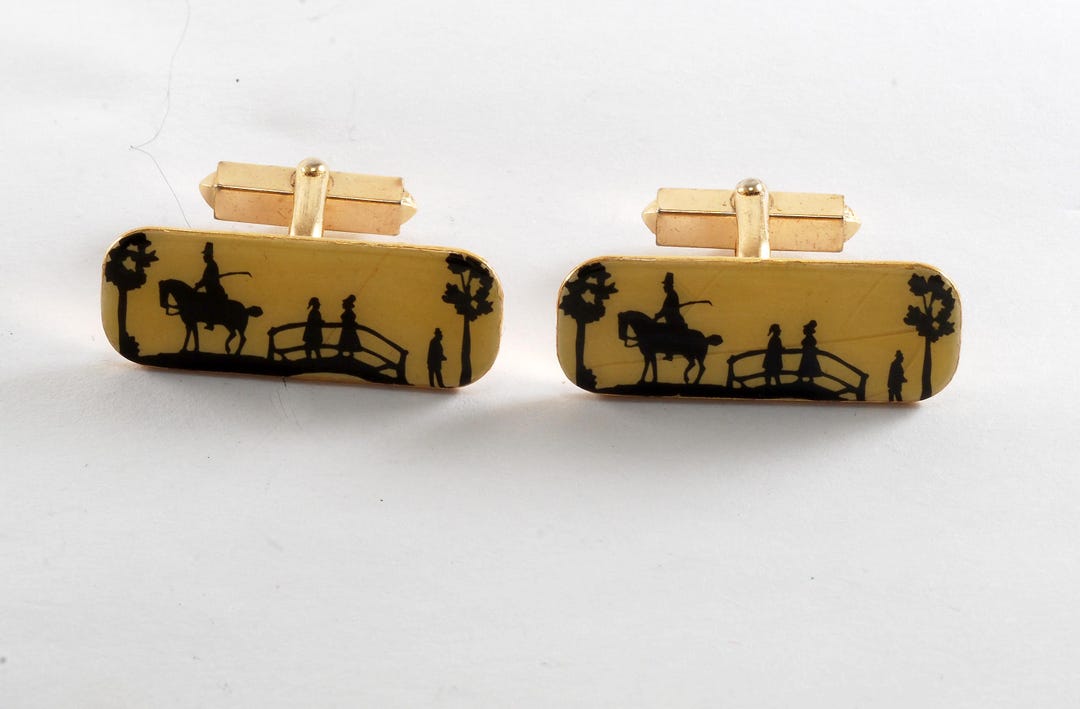 Vintage Cuff Links Cowboys on the Range Yellow & Black Enamel on Gold ...