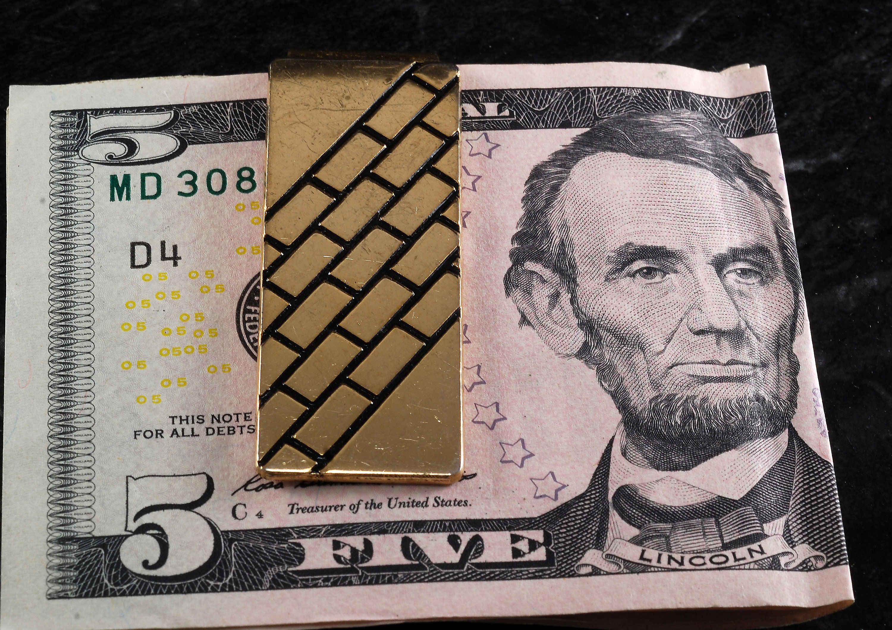 Vintage Money Clip Diagonal Etched Brick Gold Plated Brass W Black ...