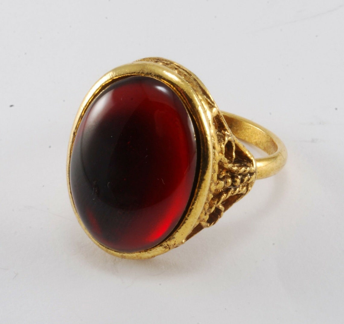 Vintage Ladies Gold Plated Red Glass Brass Filigree Ring Adjustable New ...