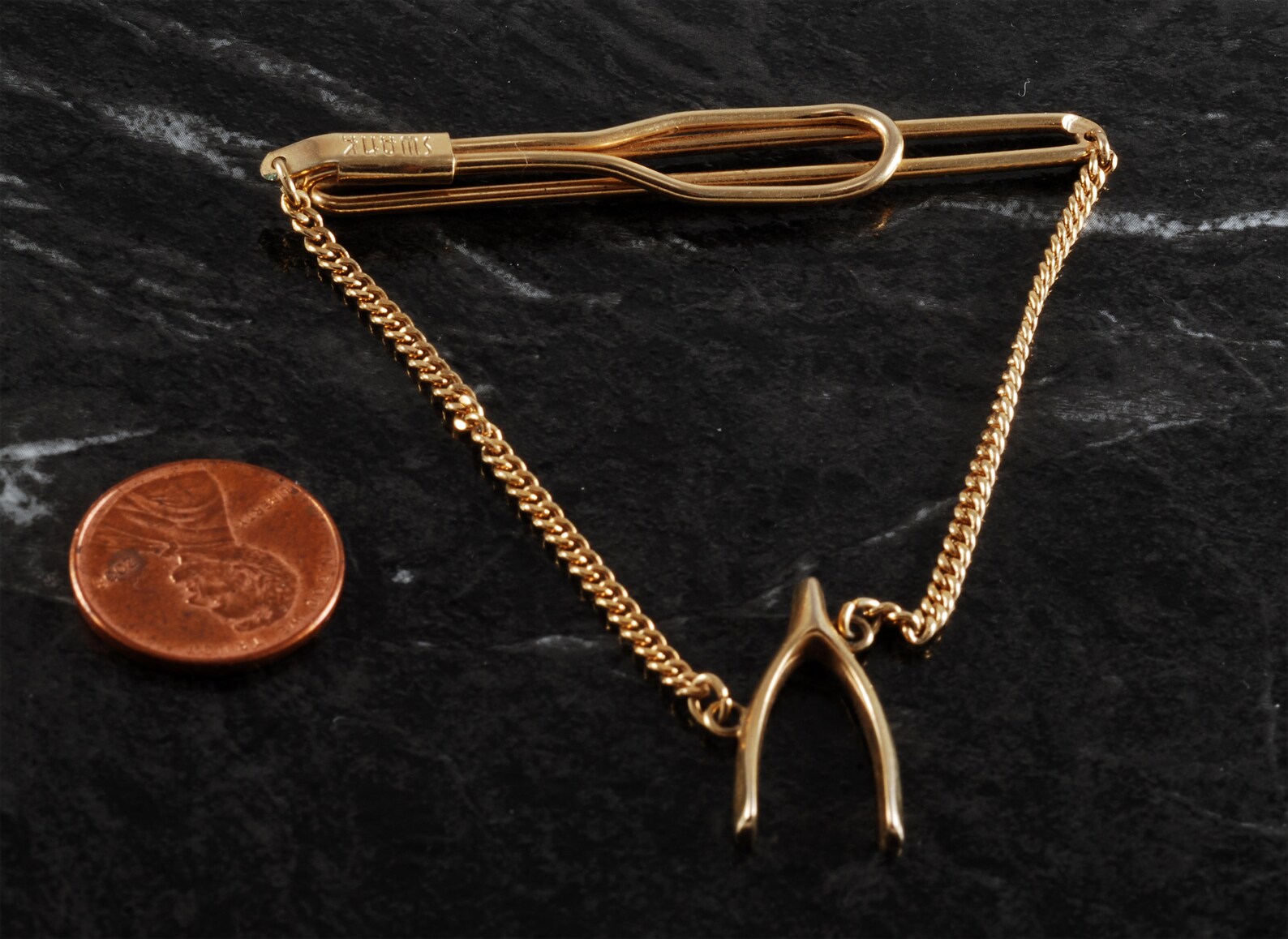 Vintage Swank Wishbone on Chain Tie Clip Signed Gold Plated | Etsy