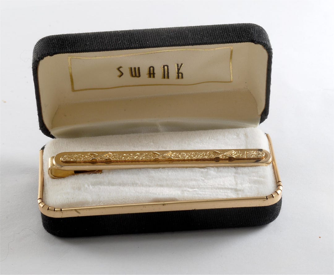 Vintage Tie Clip Signed Swank Gold Plated Brass Textured Finish Wide ...