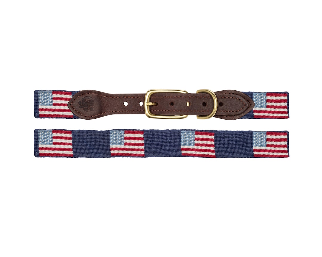 USA Flag on Navy Dog Collar, Needlepoint Collar, Leather, Brass Buckle ...