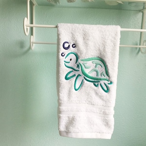 Embroidered Bathroom Hand Towels - Sea Turtle Design, Nautical Beach ...
