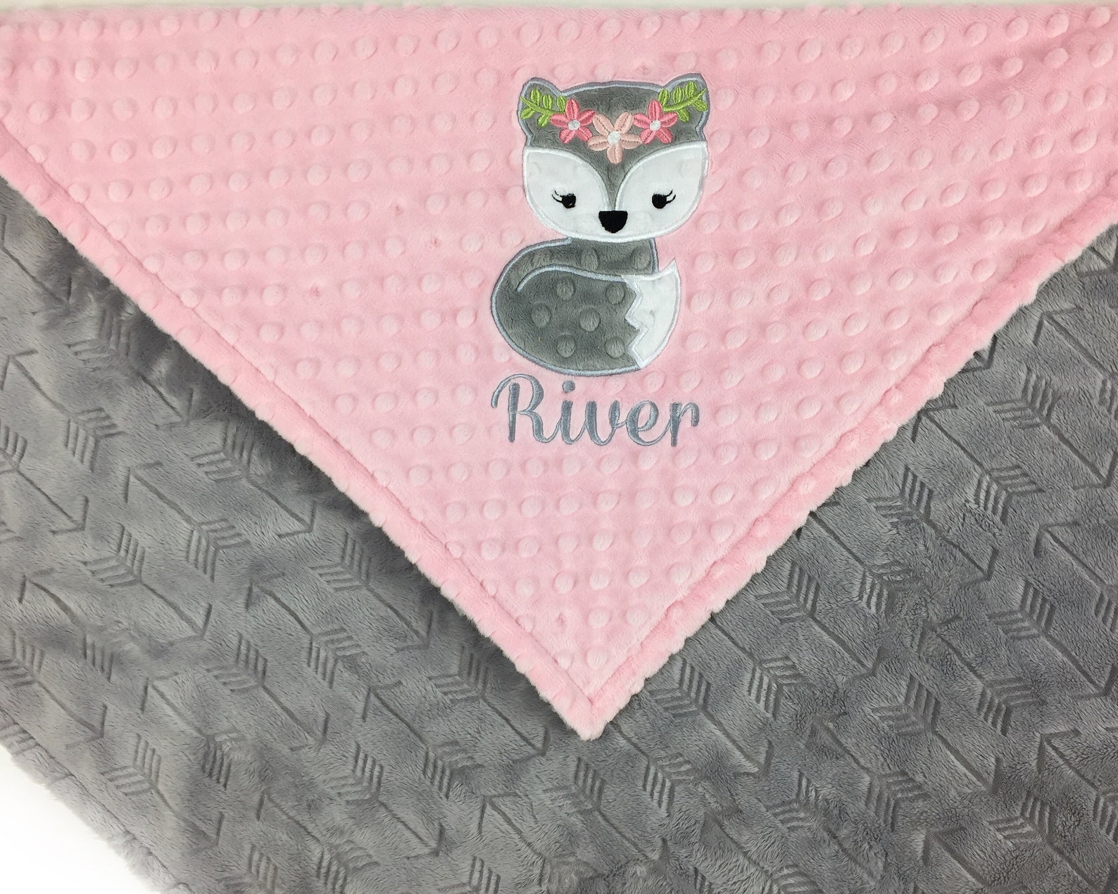 Fox Baby Girl Blanket in Pink and Gray Minky and Personalized - Etsy
