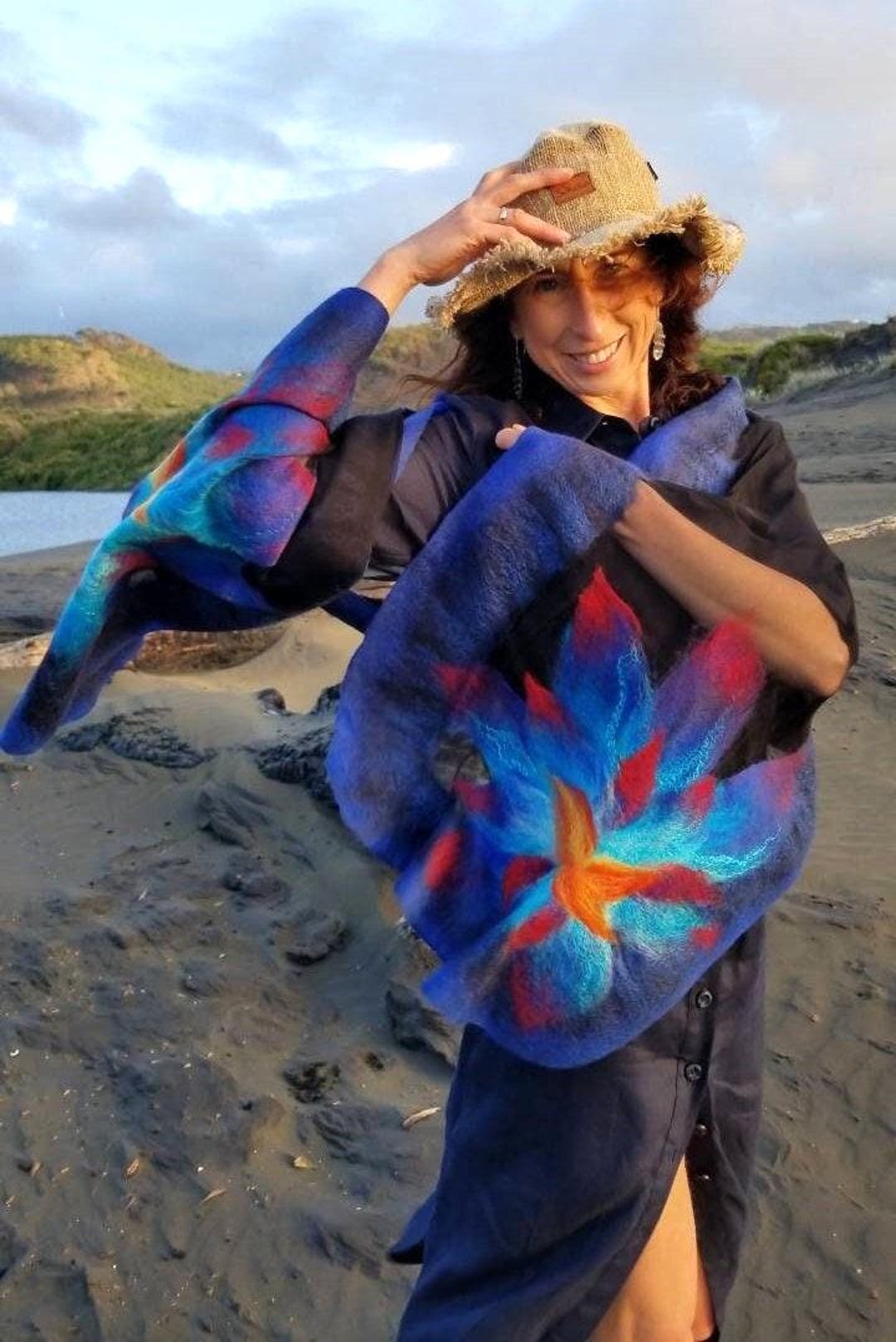 Exotic Flower Shawl – Handmade Merino Wool & Silk, Blue Red Flower Wrap ...