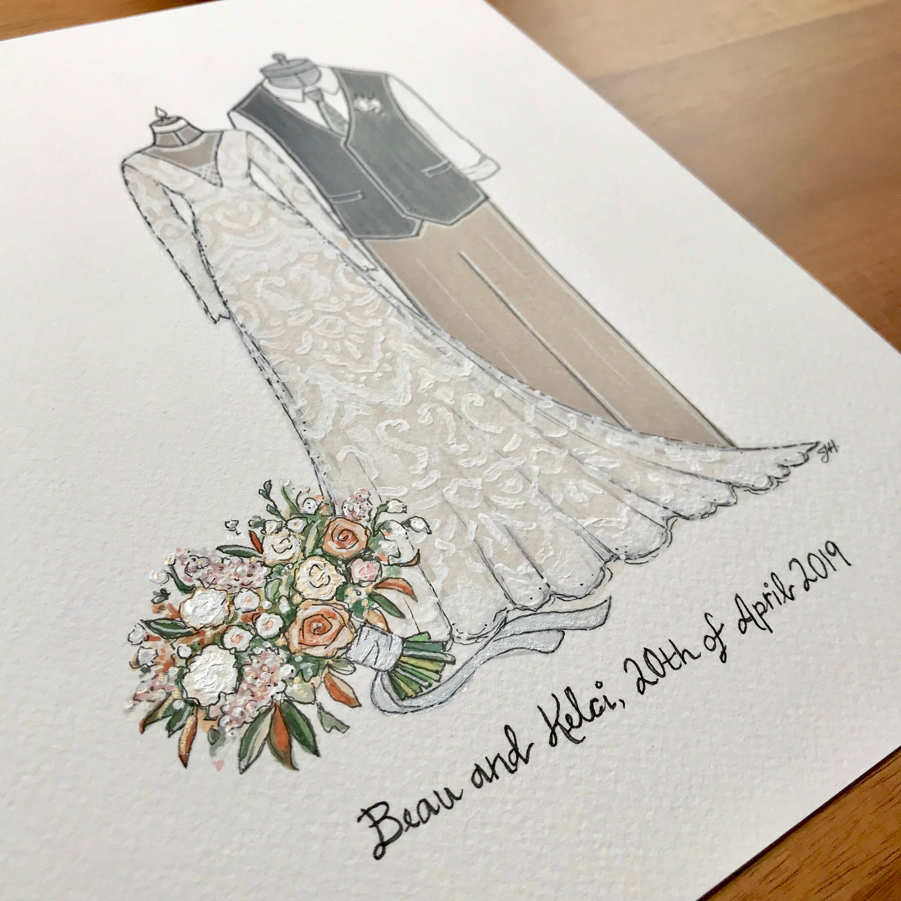 Hand Drawn Bride and Groom Wedding Illustration, Venue Portrait, 8x10 ...