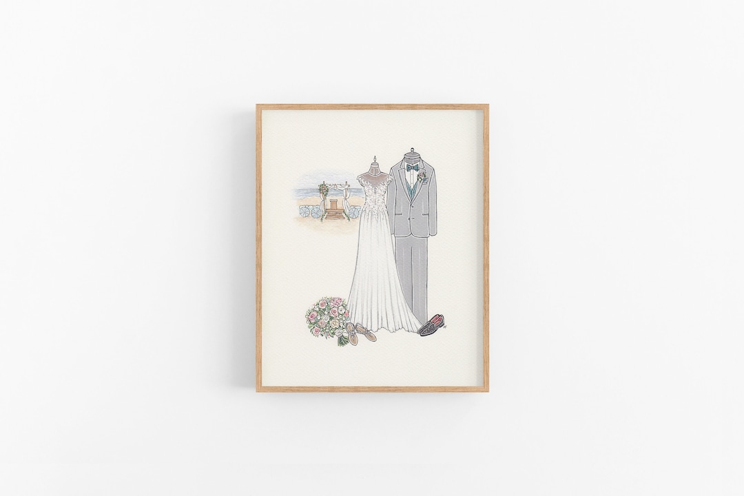 Hand Drawn Bride and Groom Wedding Illustration, Venue Portrait, 8x10 ...