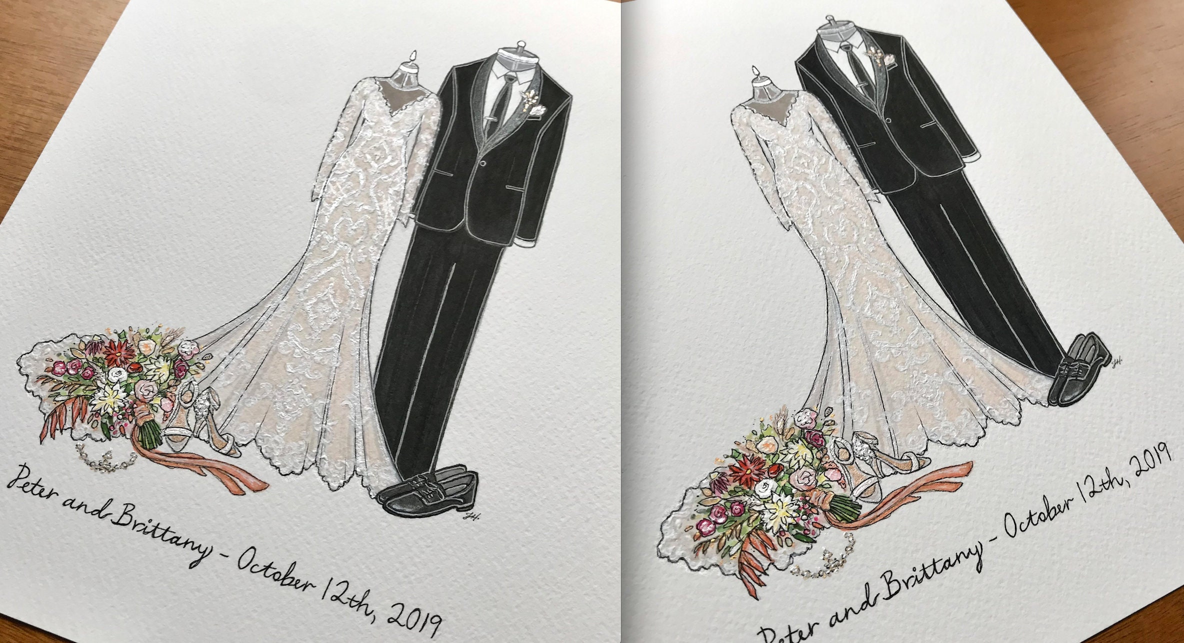 Hand Drawn Bride and Groom Wedding Illustration, Venue Portrait, 8x10 ...