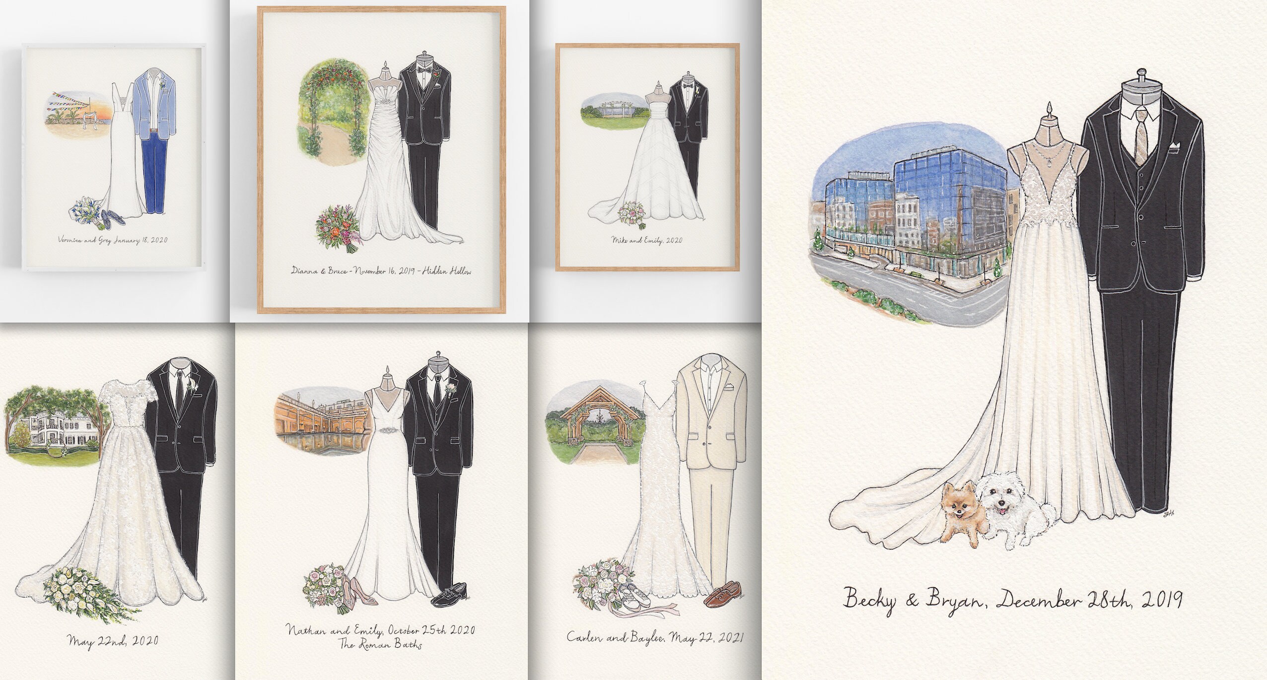 Hand Drawn Bride and Groom Wedding Illustration, Venue Portrait, 8x10 ...