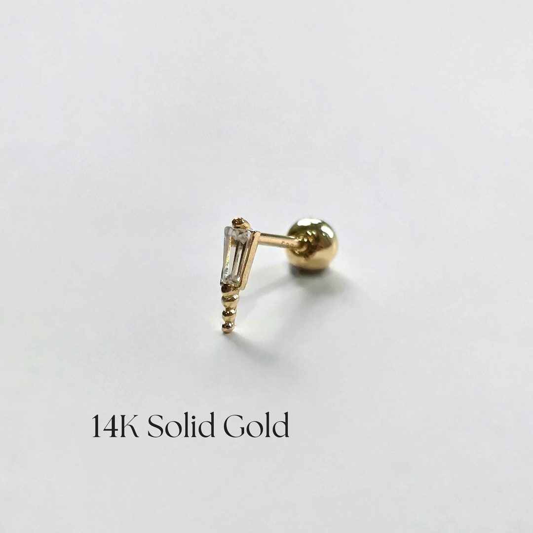 14K Solid Gold Angela Piercing Stud: Crystal Bar Piercing, Single Helix ...