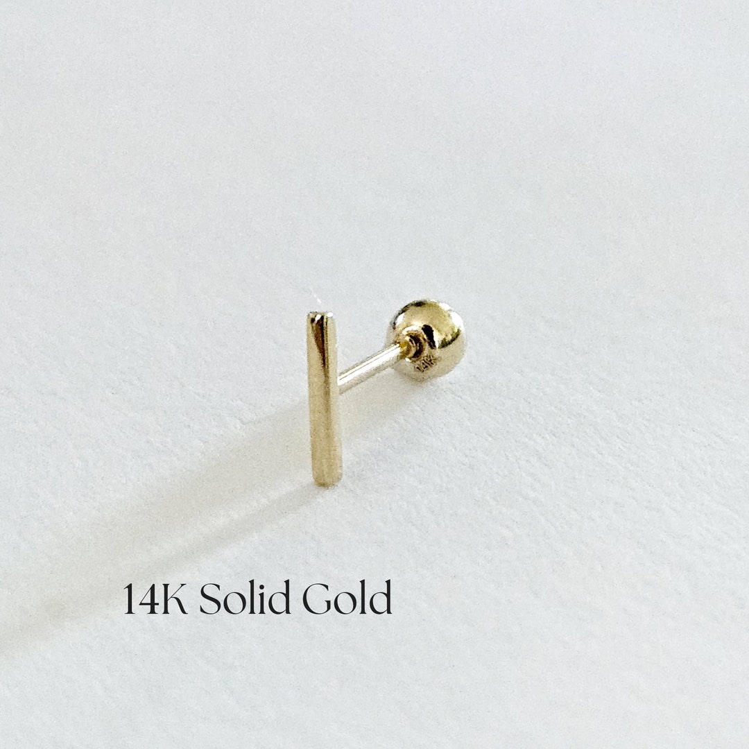 14K Solid Gold Tiny Bar Cartilage Earring, Gold Piercing, Gold ...