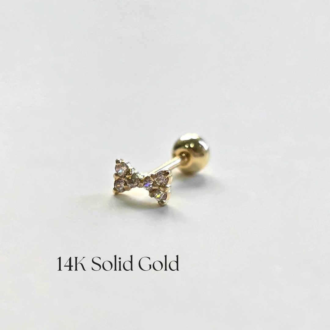 14K Solid Gold Crystal Bow Piercing Stud: Single Piercing - Etsy
