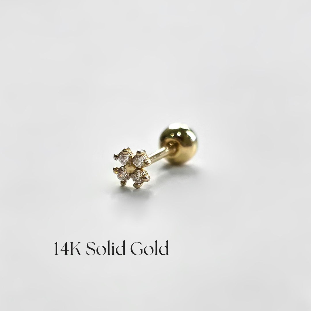 14K Bella Fiore Cartilage Earring, Solid Gold Cartilage, Crystal Piercing, Gold Piercing, Single ...
