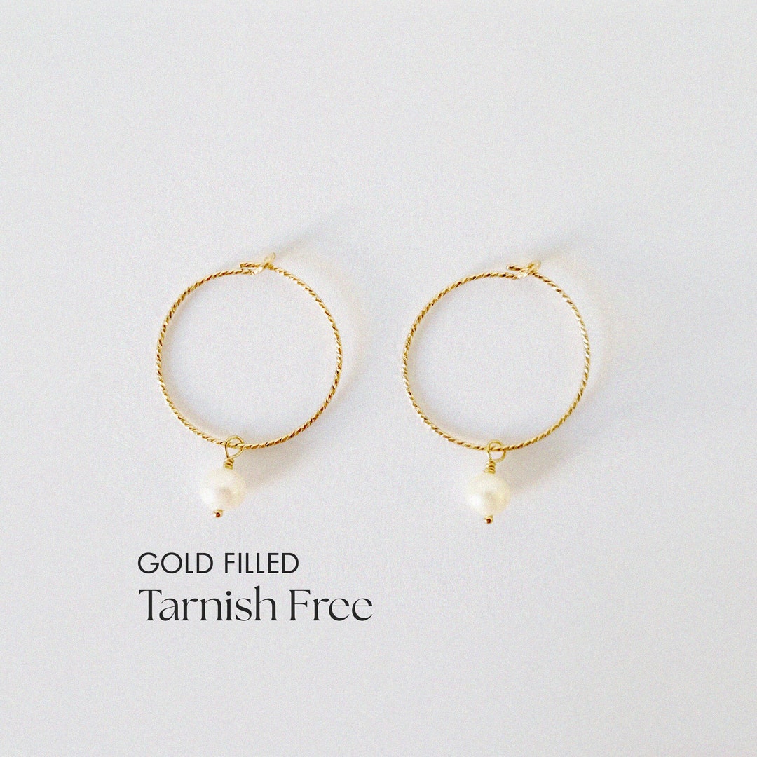 Gold Filled Aster Hoop Earrings With Pearl: Tarnish Free, Minimalist ...