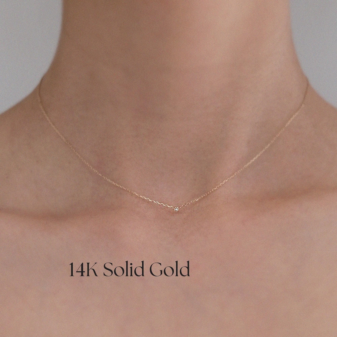 14K Solid Gold Petite Diamond Necklace: Minimalist Wedding Jewellery - Etsy