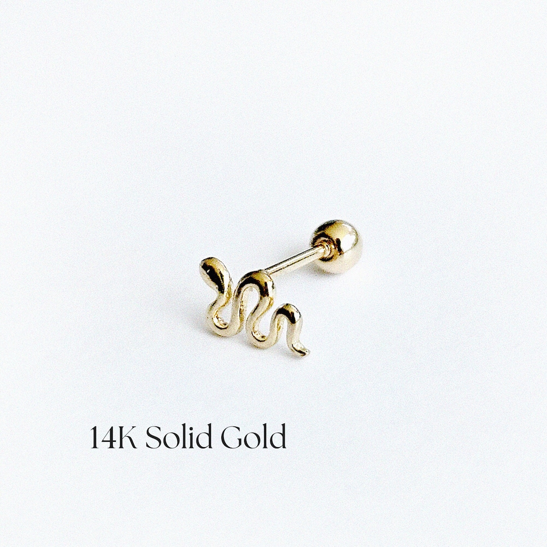 14K Solid Gold Sleek Snake Cartilage Earring, Gold Cartilage, Gold Stud ...
