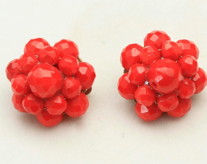 Vintage Bright Red Lisner Cluster Faceted Earrings Clip on Retro ...