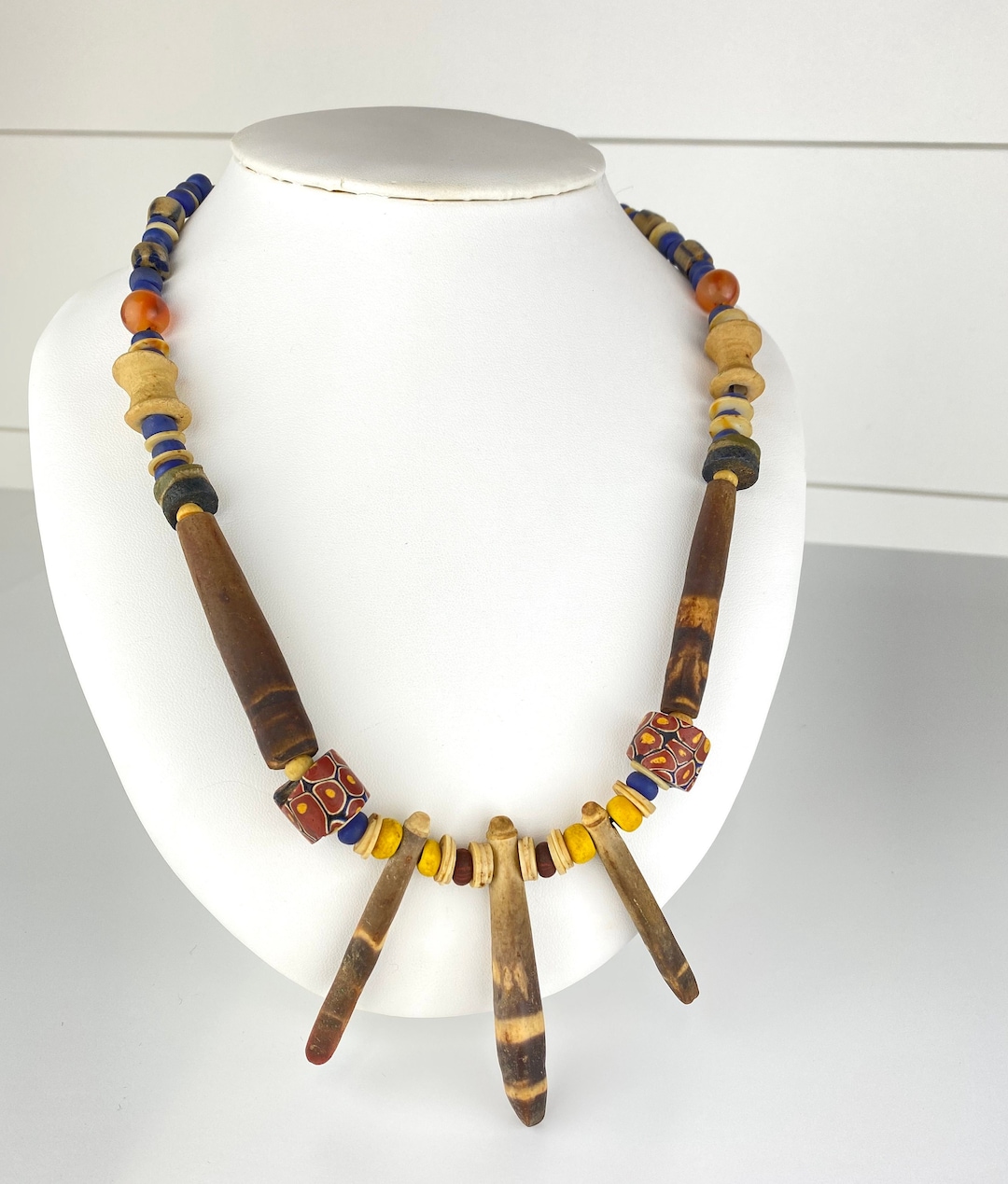 Vintage Artisan Tribal Sea Urchin Quill Shell Pottery Stone Beaded ...