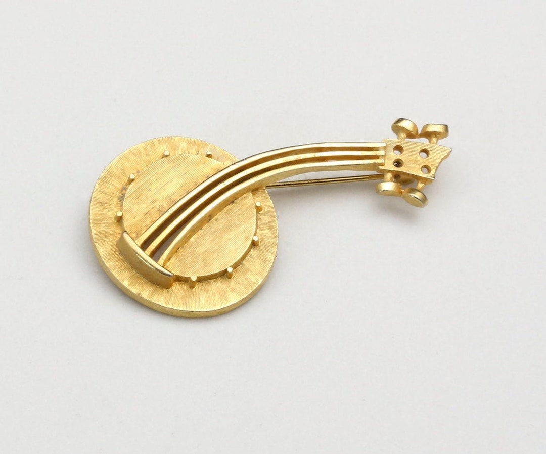 Vintage Curved Banjo Pin Brooch Signed JJ Gold Finish Musician ...