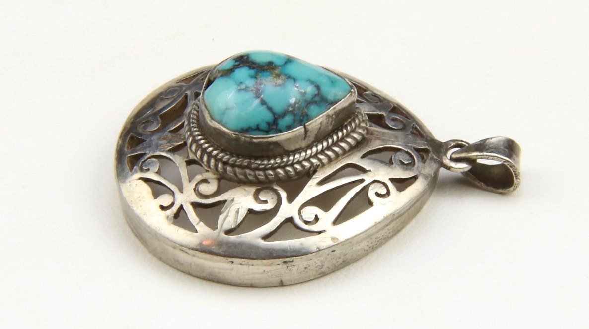 Vintage Sterling Silver & Turquoise Scroll Work Tear Drop - Etsy