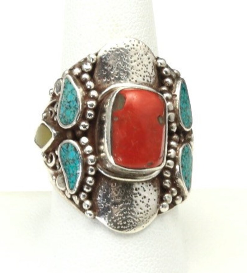 Vintage Sterling Silver Coral Green Blue Turquoise Ring Size 9 | Etsy