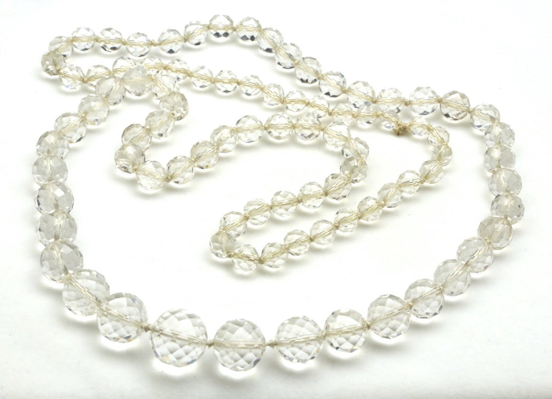 Vintage Graduated Long Strand Faceted Round Clear Crystal Beads ...
