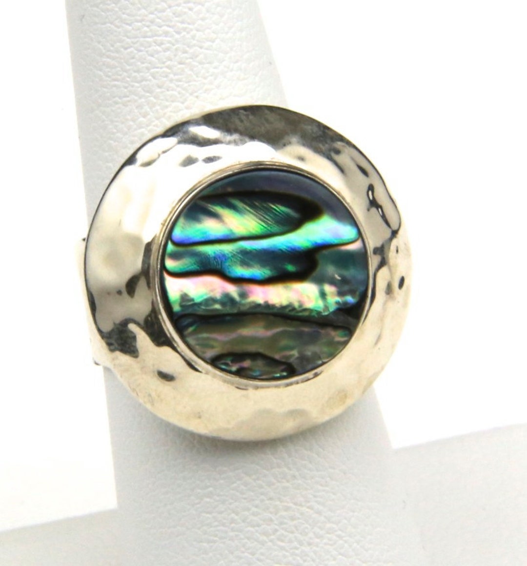 Vintage Hammered Sterling Silver & Abalone Shell Ring Mexico Sz 7.25 - Etsy