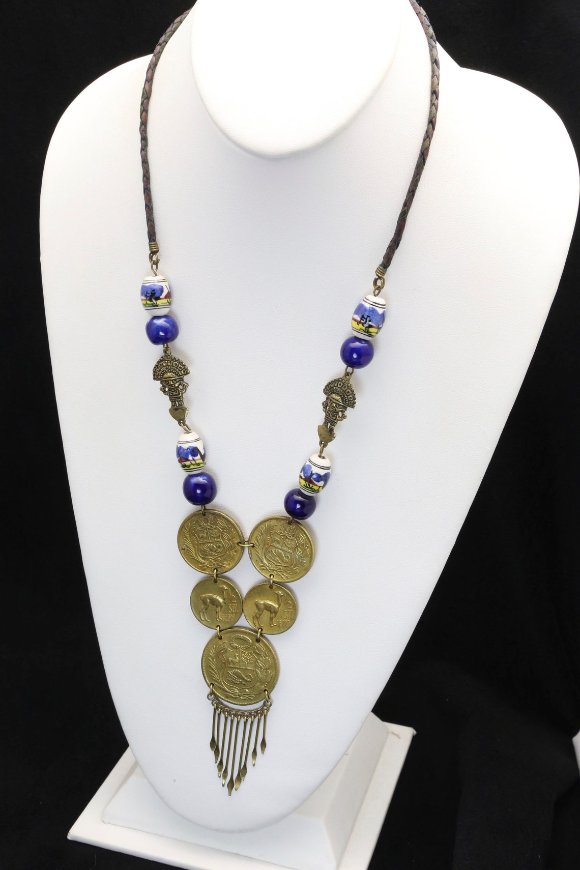 Vintage Artisan Peruvian Coin Necklace Braided Leather Tribal - Etsy