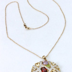 Vintage Multi Gemstone Round Pendant Necklace Sterling Silver Gold ...