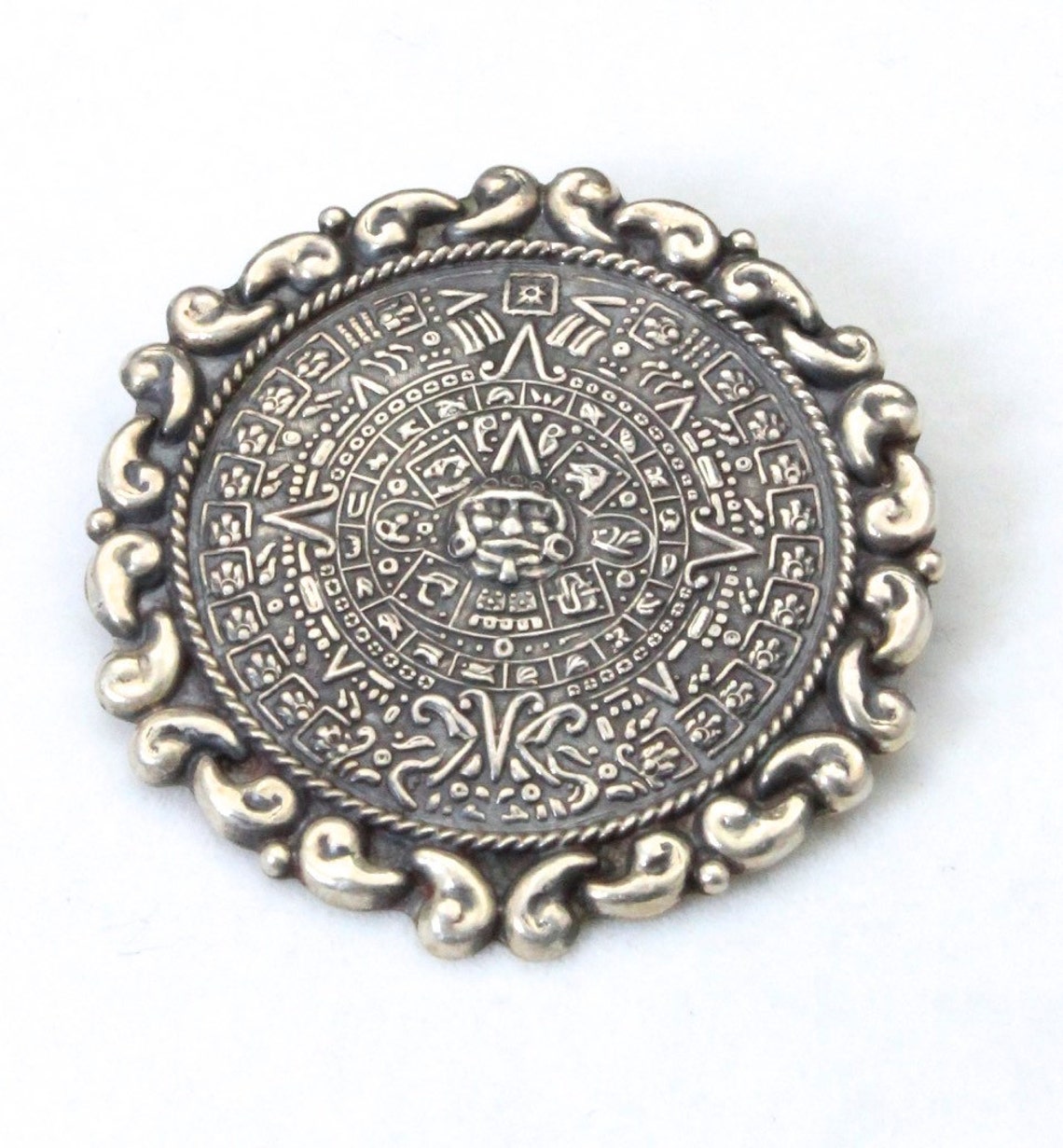 VIntage Sterling Silver Mayan Aztec Sun Calendar Pendant Pin | Etsy