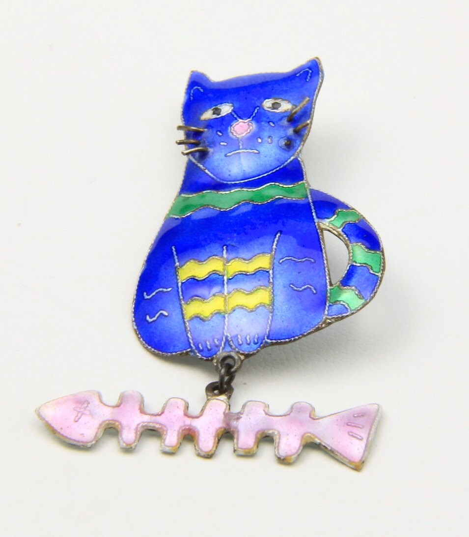 Vintage Enamel Kitty Cat & Fish Bone Brooch Pin Colorful Blue Pink ...