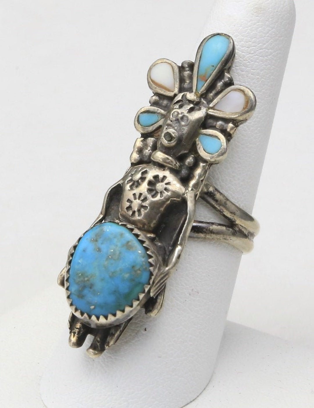 Vintage Johnny Blue Jay Hopi Kachina Silver Turquoise MOP Ring Sz 7.75 ...