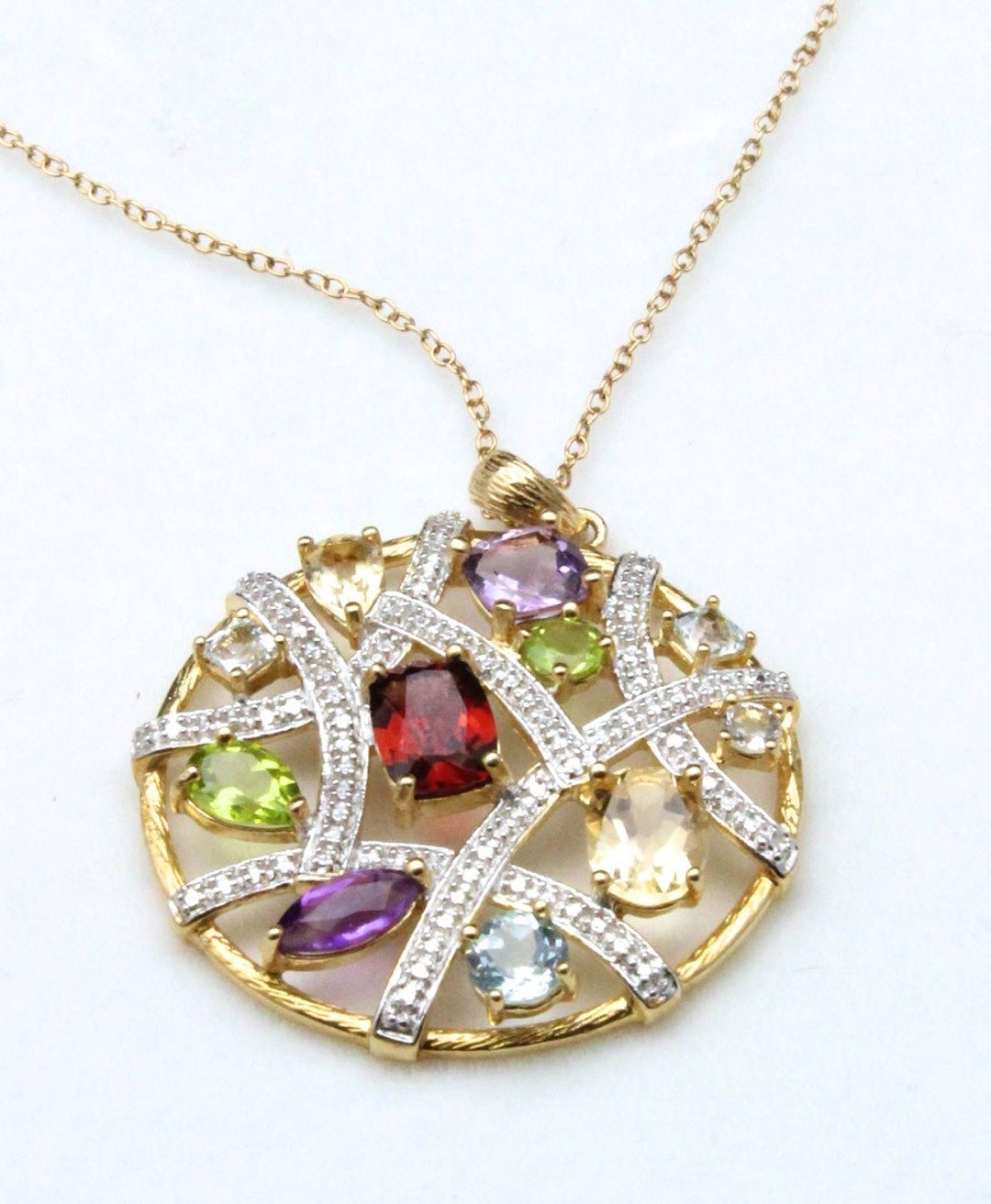 Vintage Multi Gemstone Round Pendant Necklace Sterling Silver Gold ...