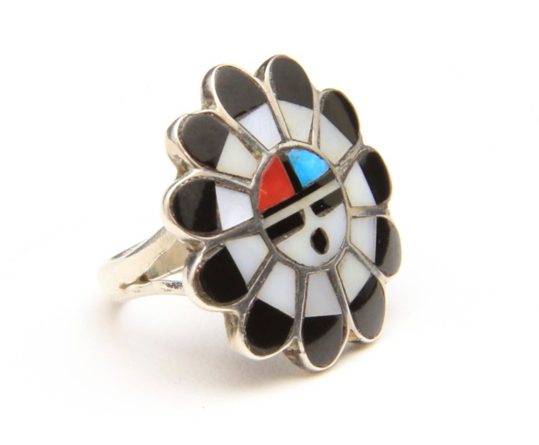 Vintage Zuni Inlay Sun-god Face Ring Unisex Sterling Mother of Pearl ...