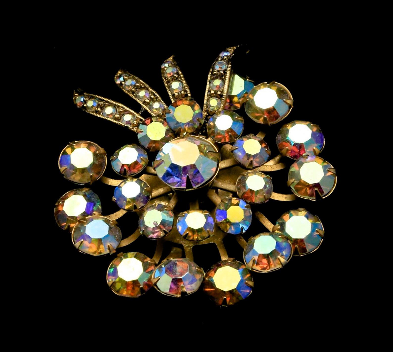 Vintage Large Selini Aurora Borealis Rhinestone Brooch Gold Tone Circle ...