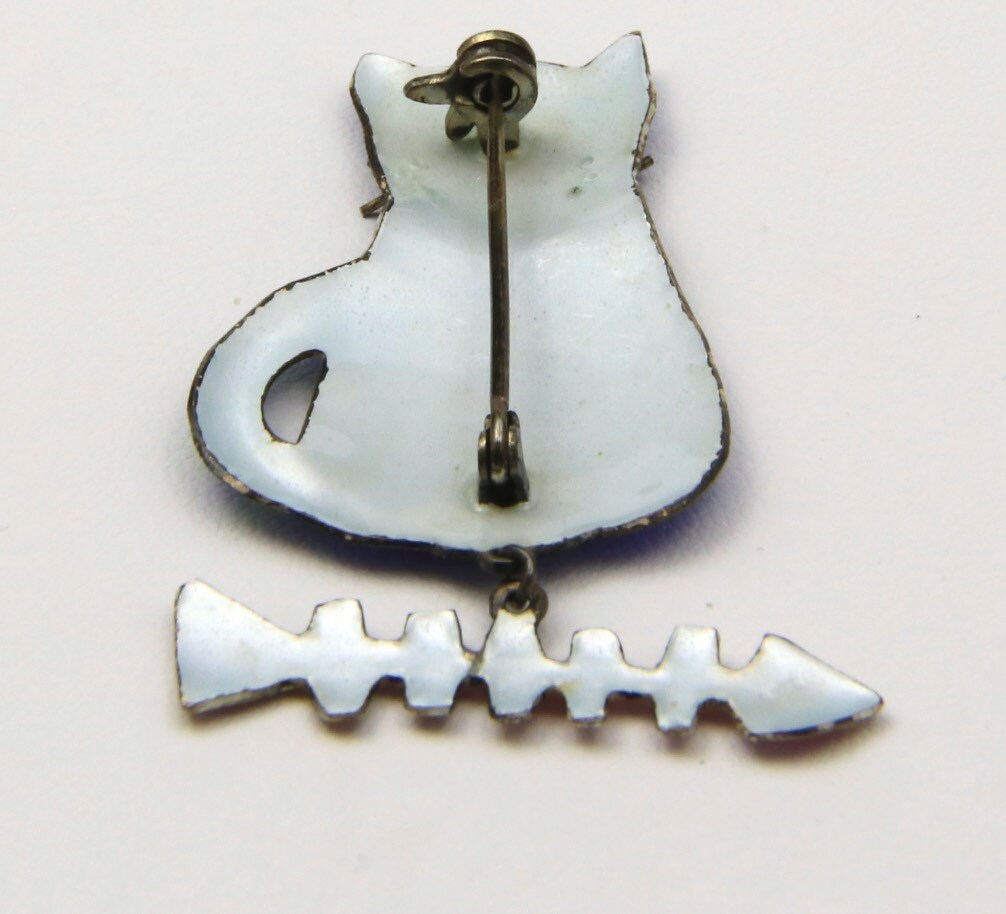 Vintage Enamel Kitty Cat & Fish Bone Brooch Pin Colorful Blue Pink ...