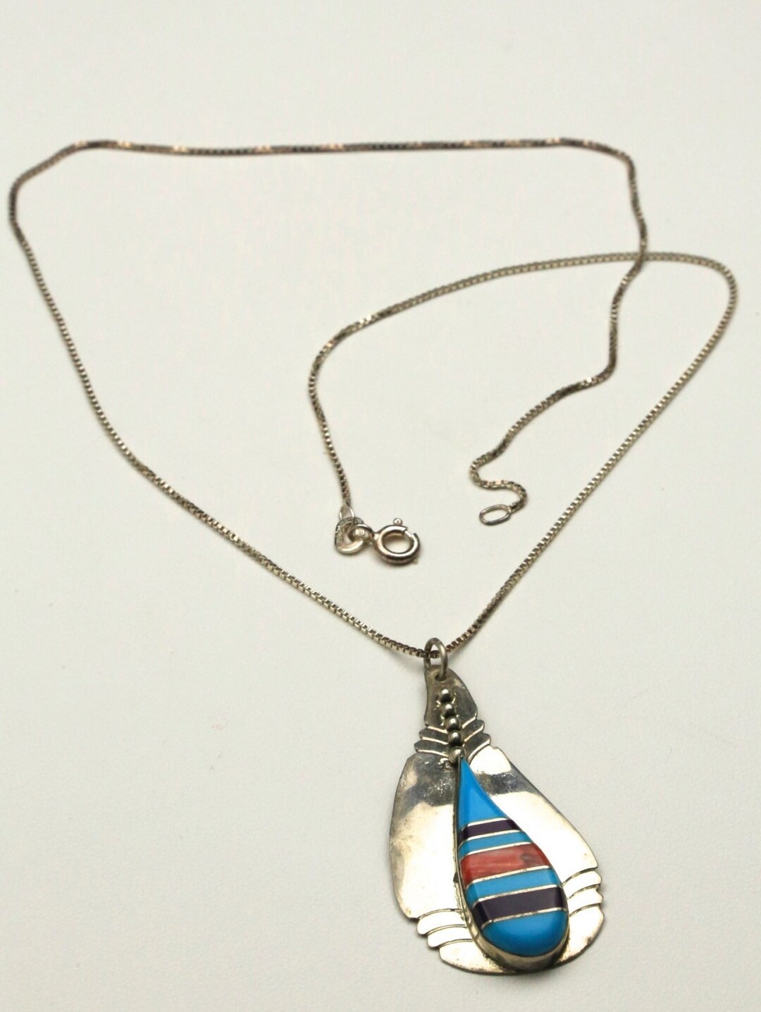 Vintage Zuni Inlay Sterling Silver Pendant Necklace Turquoise Sugilite ...