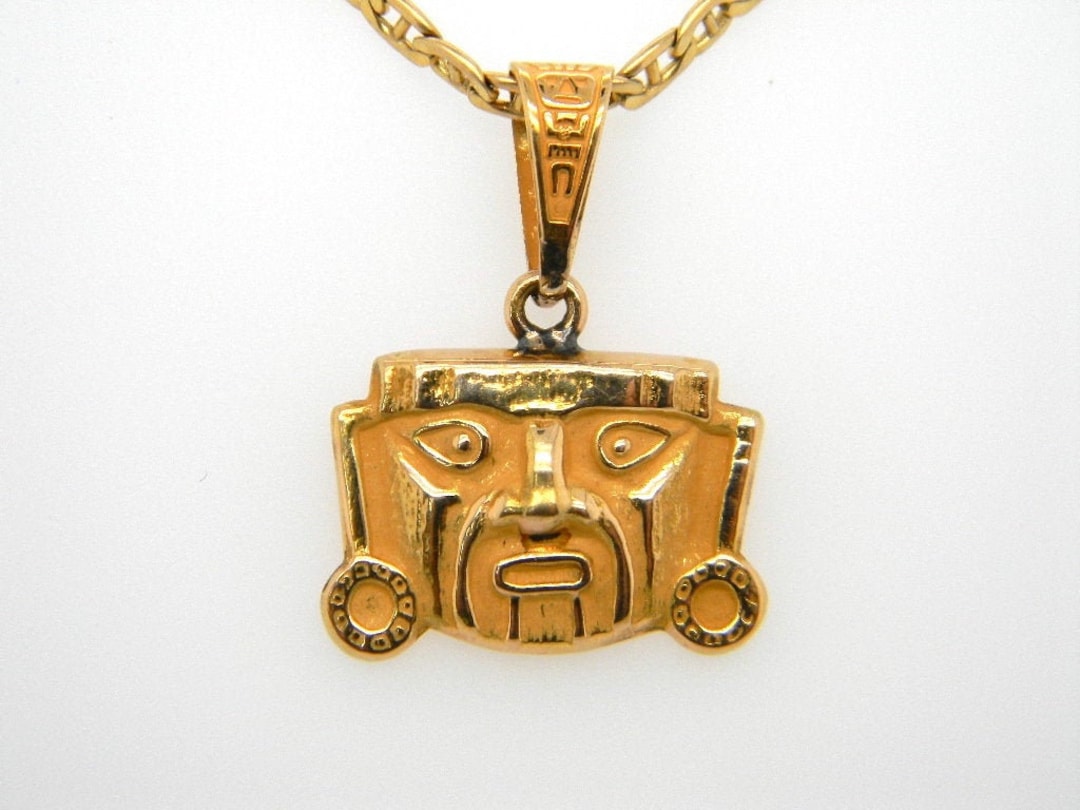 Vintage 18k Yellow Gold Aztec God Face Pendant Charm Necklace Etched 3 ...